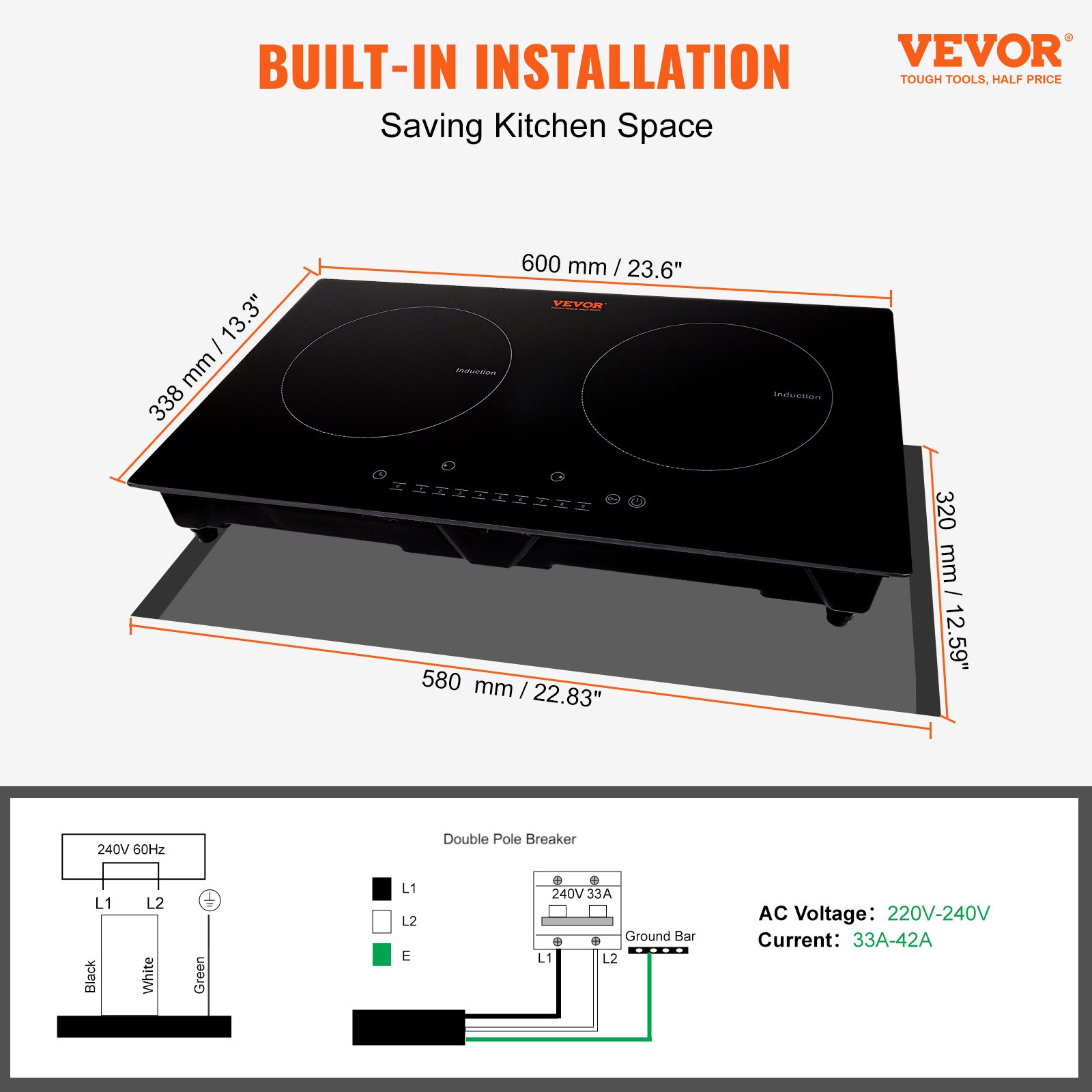 VEVOR Electric Cooktop, 2 Burners, 24'' Induction Stove Top, Built-in ...