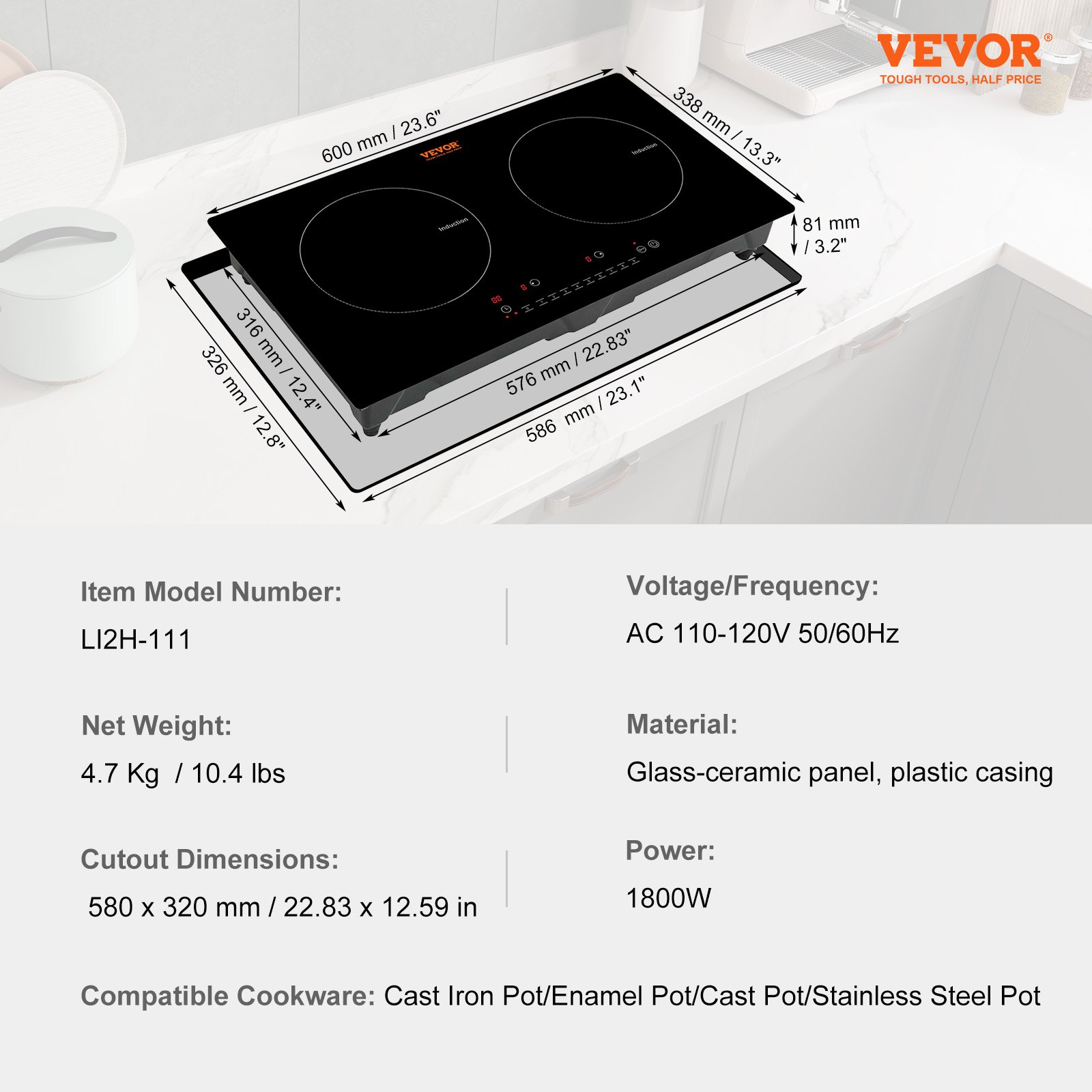 VEVOR Electric Cooktop, 2 Burners, 24'' Induction Stove Top, Built-in ...
