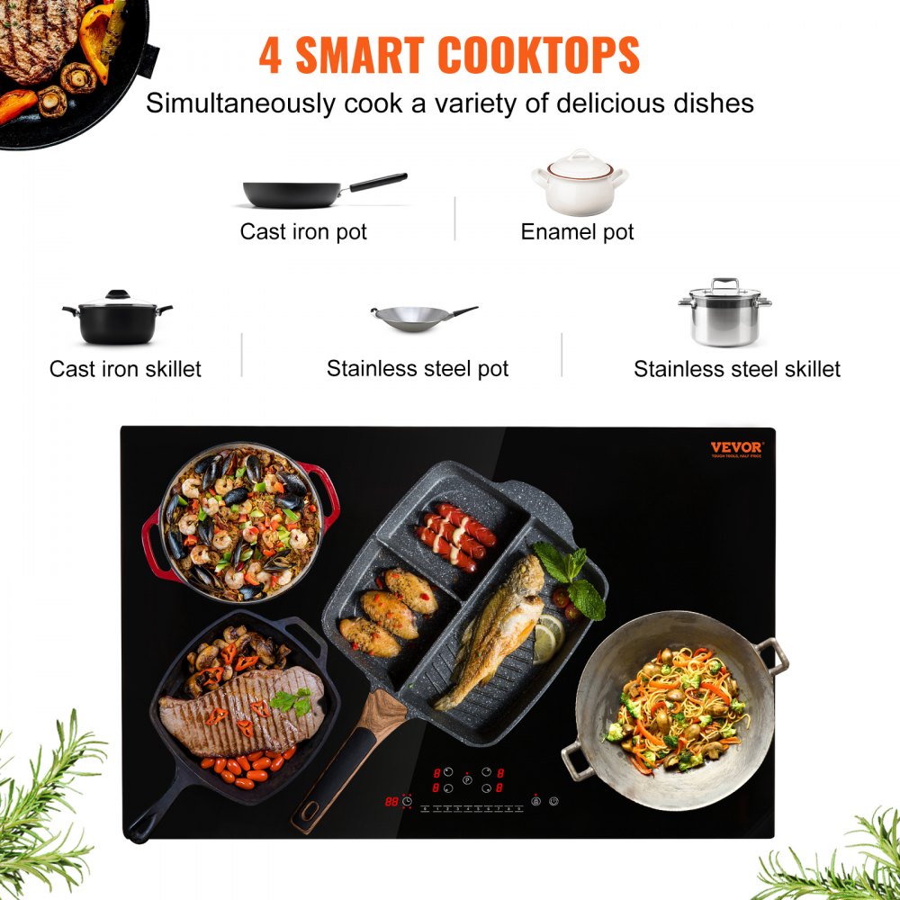 VEVOR Electric Cooktop, 4 Burners, 30'' Induction Stove Top, Built-in ...