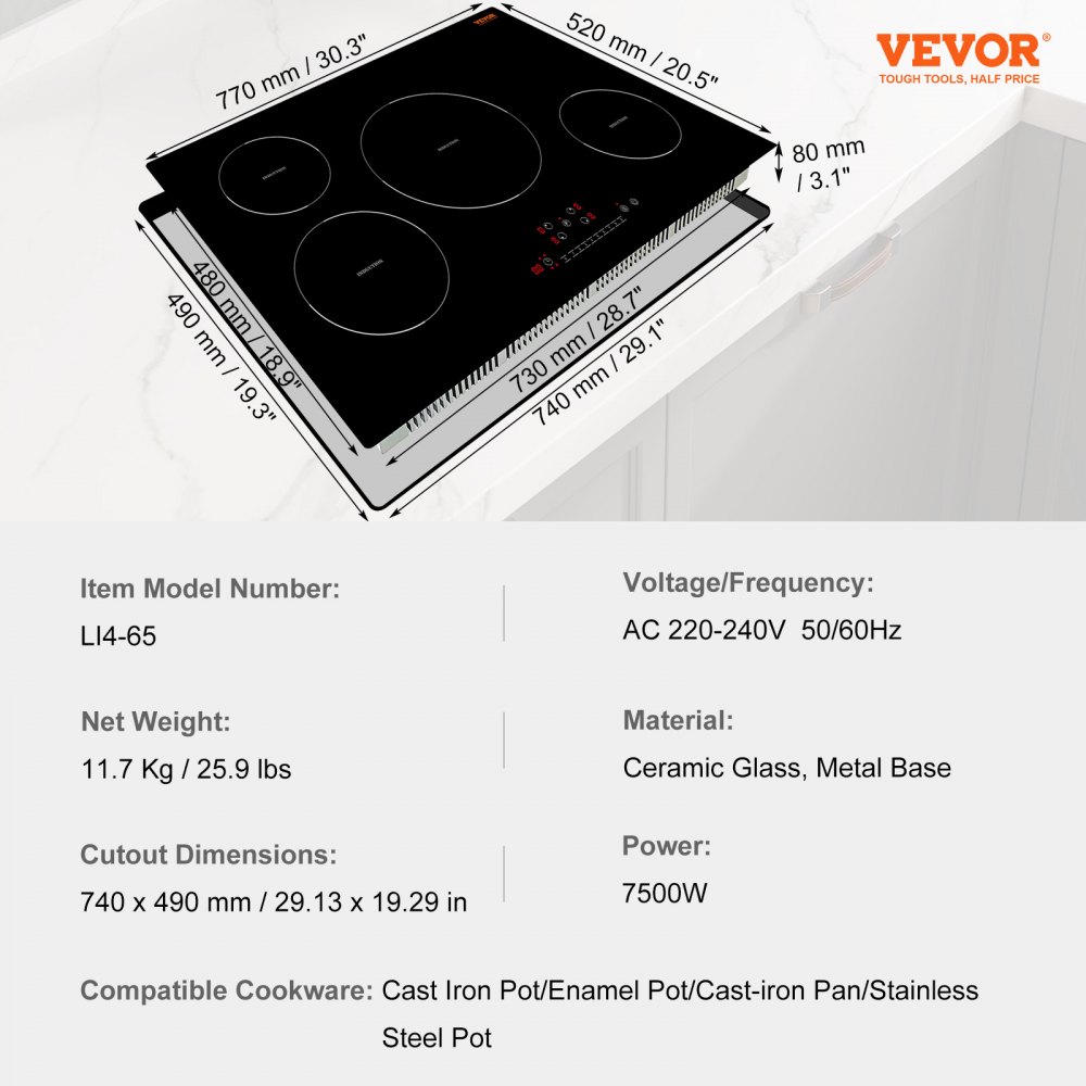 VEVOR Electric Cooktop, 4 Burners, 30'' Induction Stove Top, Built-in ...