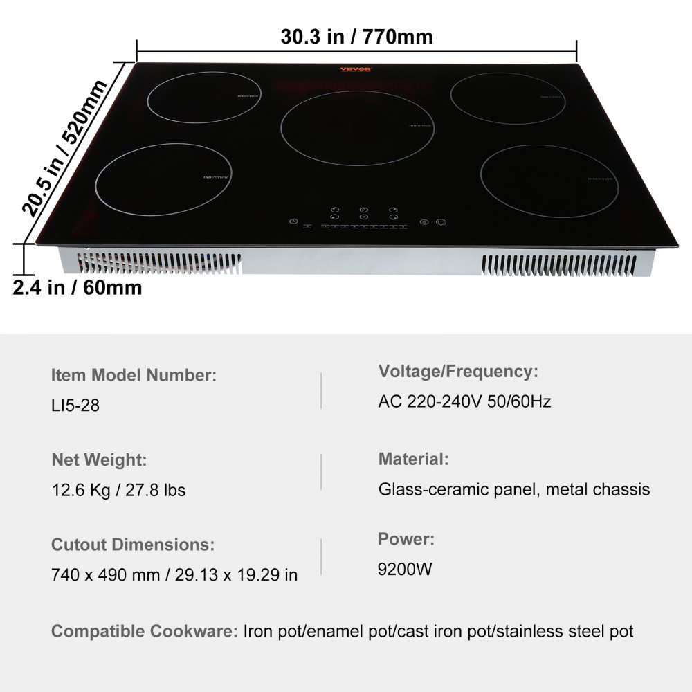 VEVOR Electric Cooktop, 5 Burners, 30'' Induction Stove Top, Built-in ...