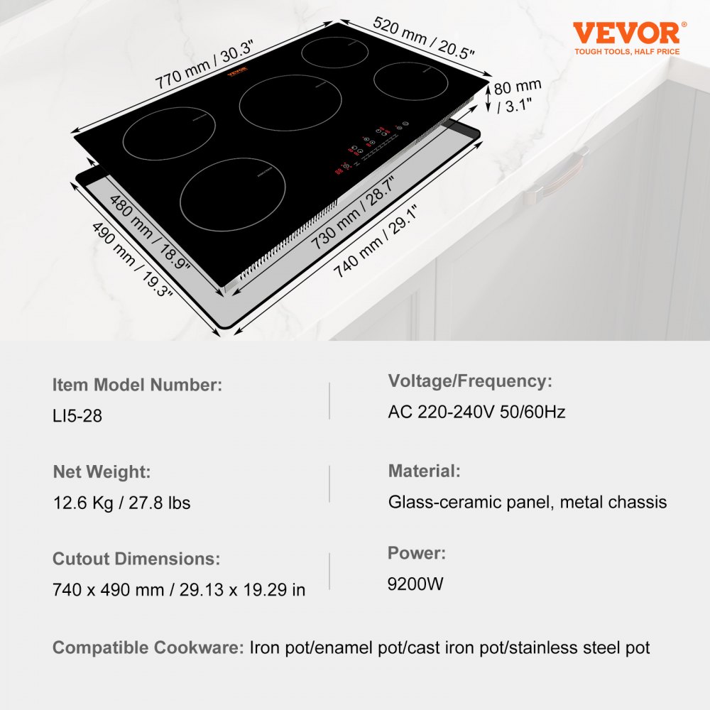 VEVOR Electric Cooktop, 5 Burners, 30'' Induction Stove Top, Built-in ...
