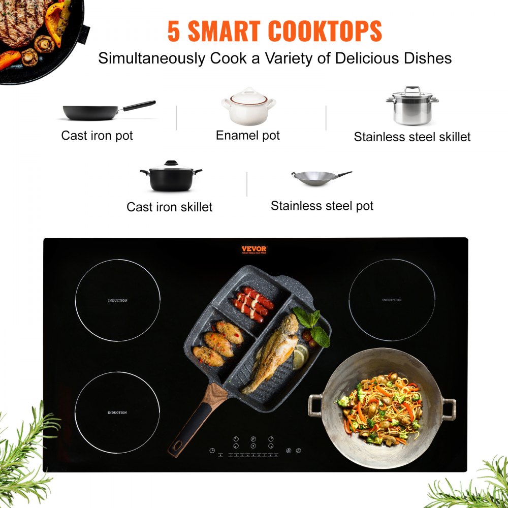 VEVOR Electric Cooktop, 5 Burners, 36'' Induction Stove Top, Built-in ...