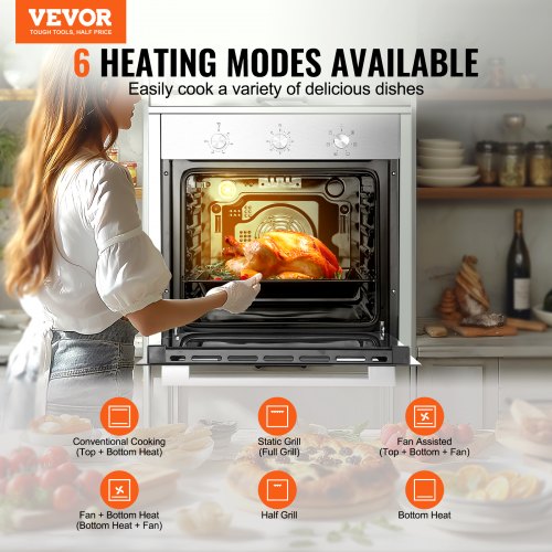 VEVOR Single Wall Oven 24" Electric Built-in Wall Oven 6 Functions 2.68 ...