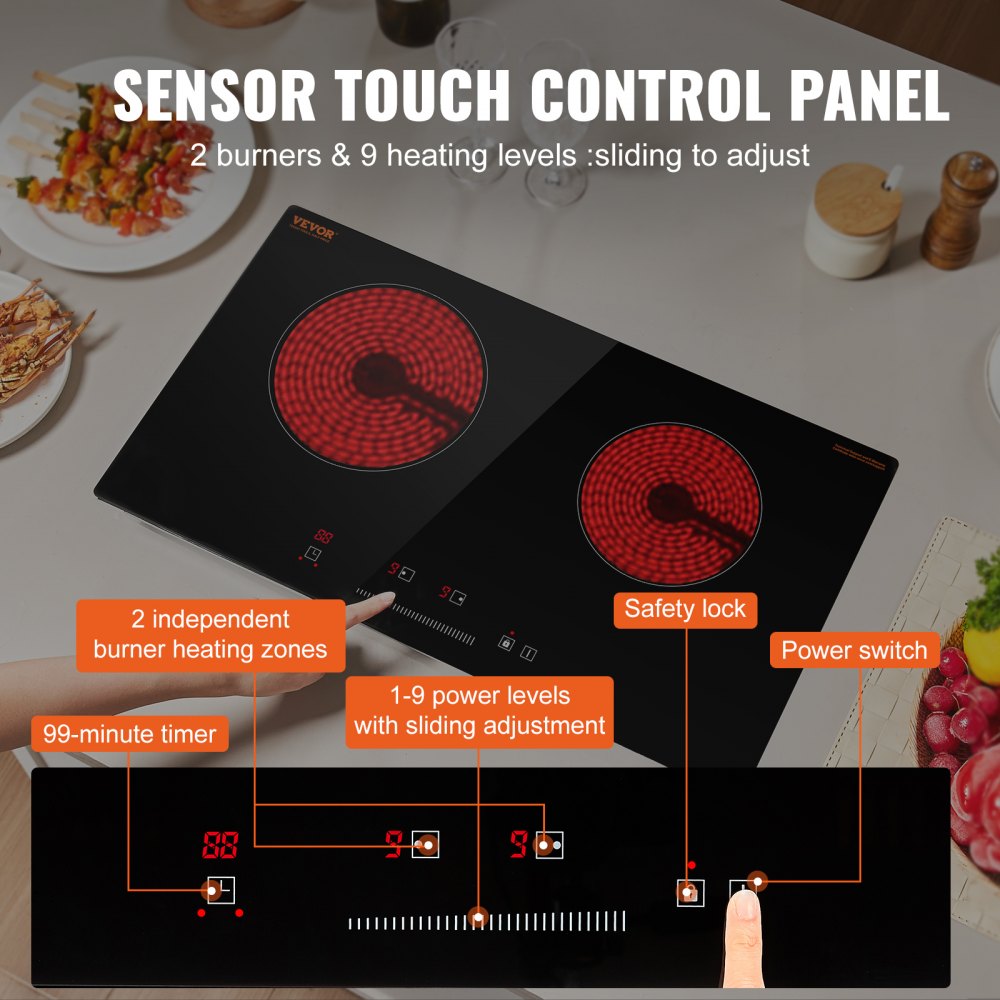 VEVOR Built-in Electric Cooktop Radiant Ceramic Cooktop 2 Burners 23 ...