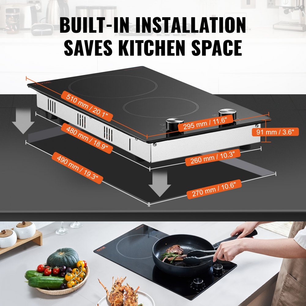 VEVOR Built-in Electric Cooktop Radiant Ceramic Cooktop 2 Burners 20 ...
