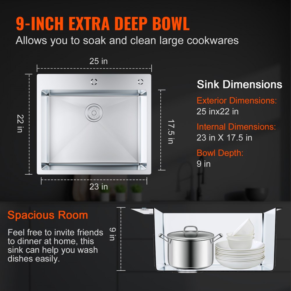 VEVOR Kitchen Sink, 304 Stainless Steel Drop-In Sinks, Top Mount Single ...