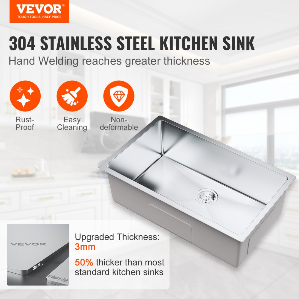 VEVOR Kitchen Sink, 304 Stainless Steel Drop-In Sinks, Undermount ...