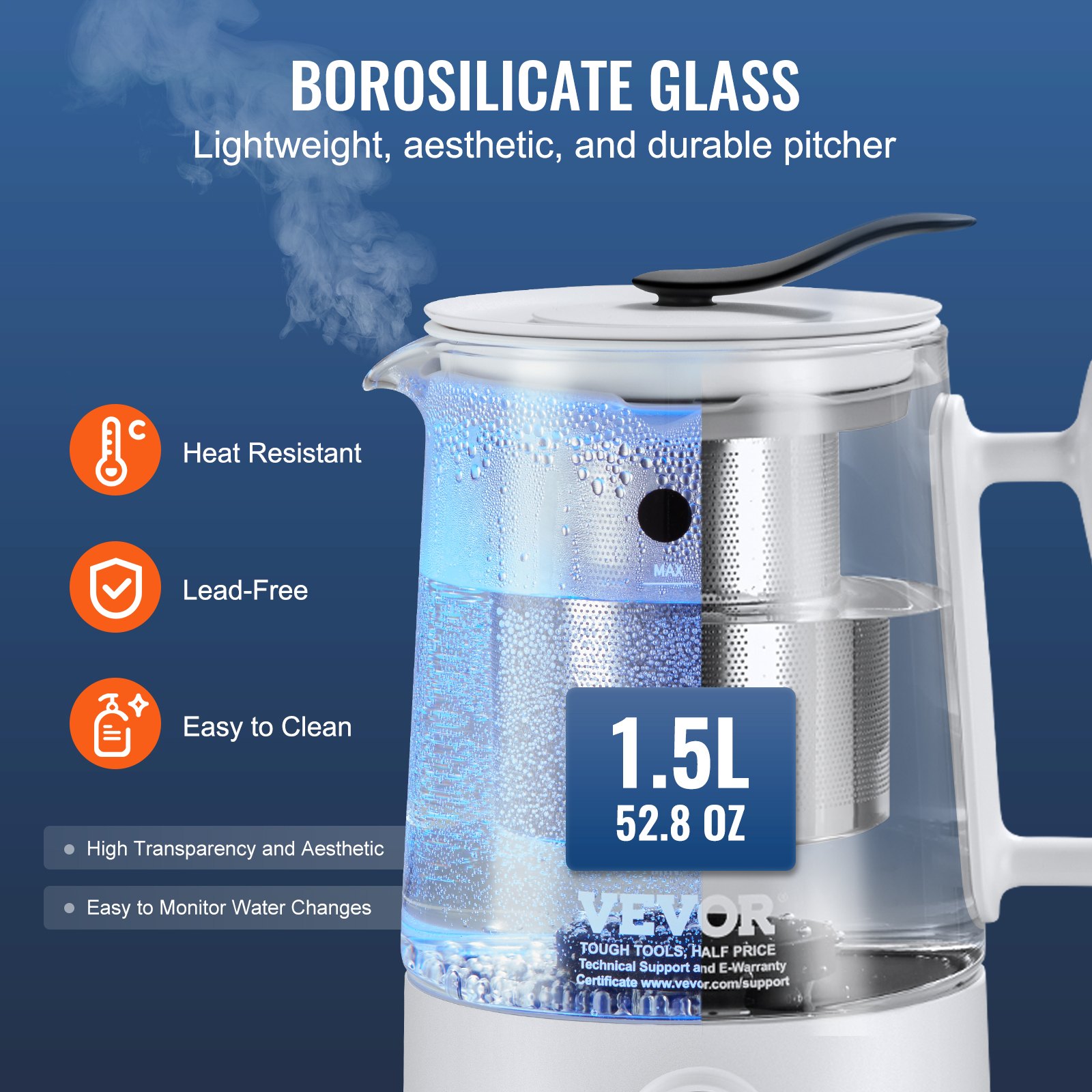 VEVOR Hydrogen Water Pitcher Generator, 1.5 L / 52.8 oz Large Capacity ...