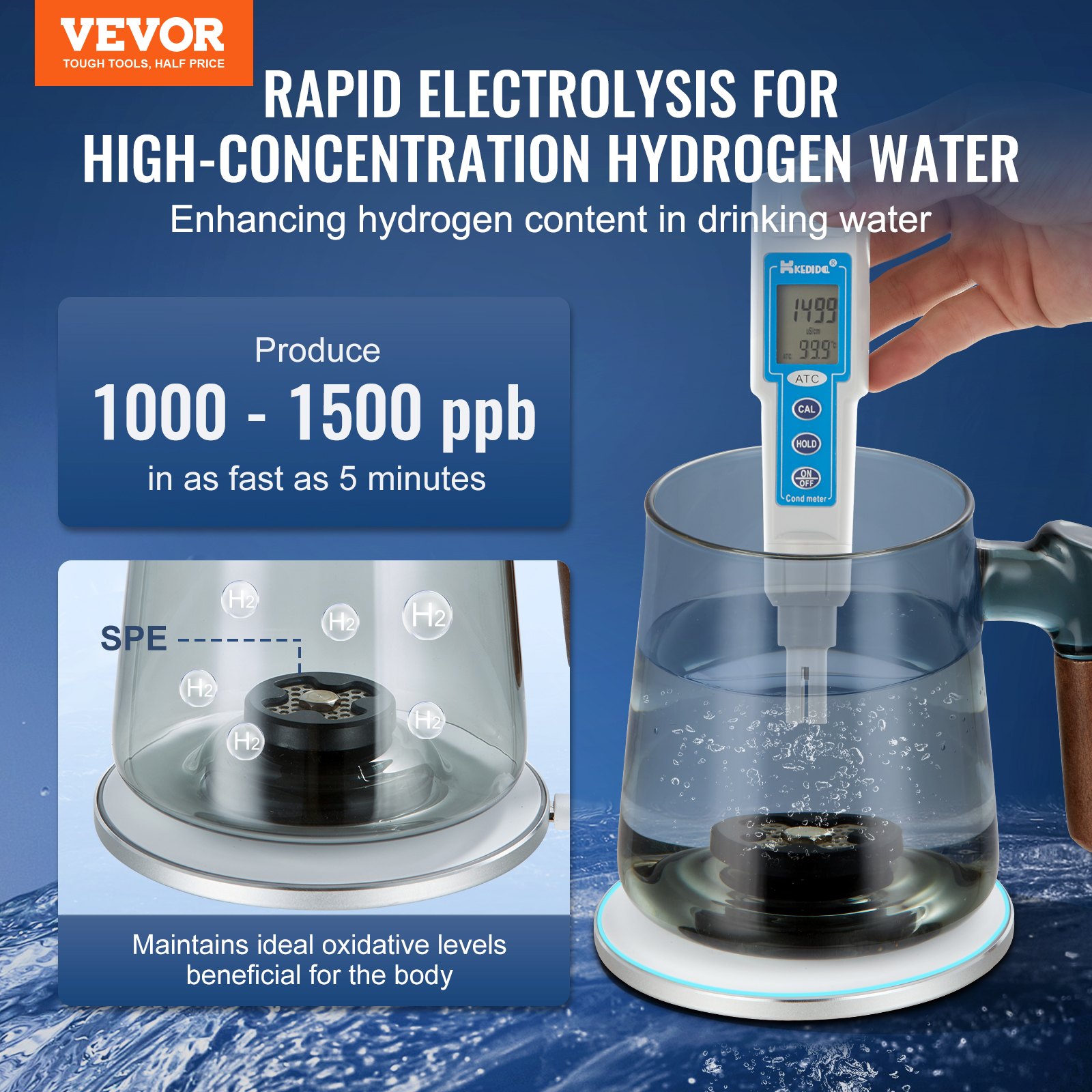 VEVOR Hydrogen Water Cup, 400 ml / 14.1 oz Hydrogen Generator, SPE ...