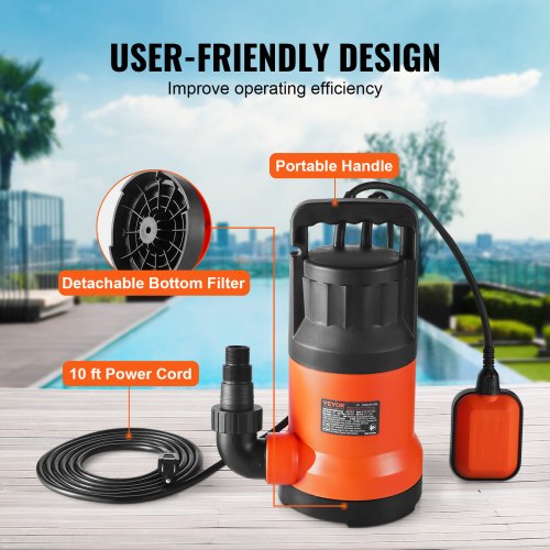 VEVOR Submersible Utility Pump Sump Pump 1 HP 4000 GPH 31 ft Head Water ...
