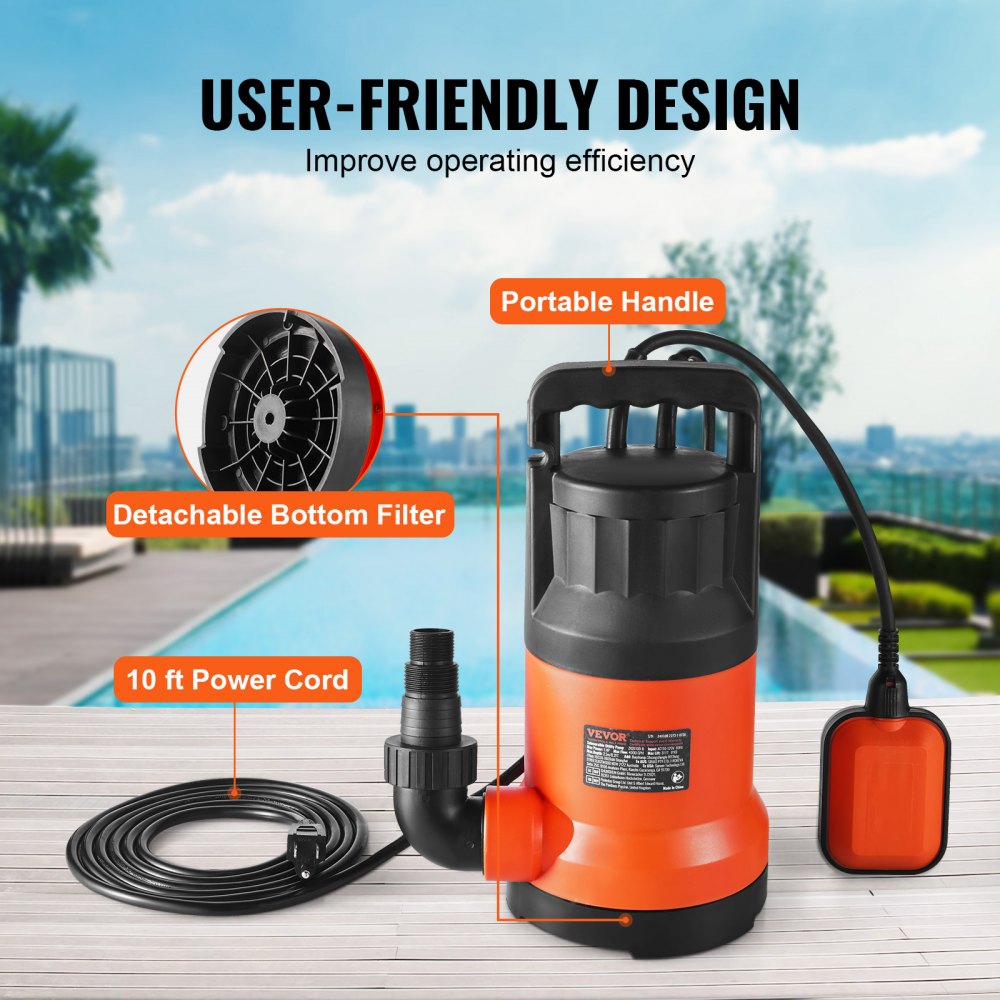 VEVOR Utility Pump, 1 HP, 4000 GPH High Flow, 31 ft Head, Sump Pump Submersible Water Pump ...