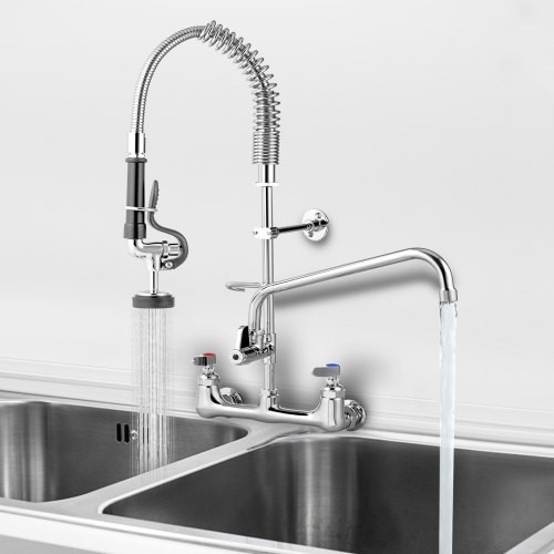 VEVOR Commercial Faucet with Sprayer, 8" Adjustable Center Wall Mount ...