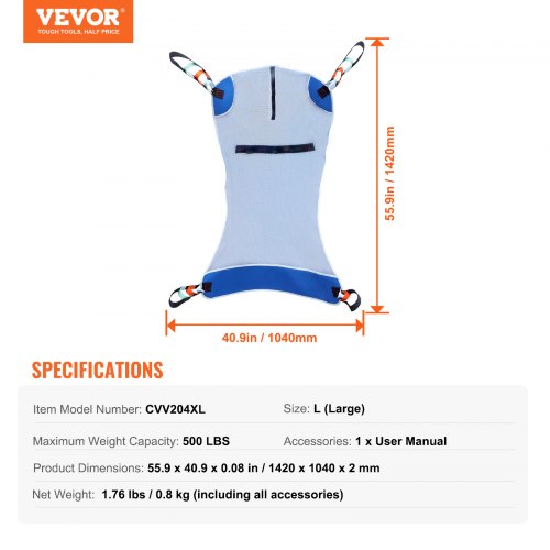 VEVOR Universal Full Body Patient Lift Sling Large Transfer Sling 500LB ...
