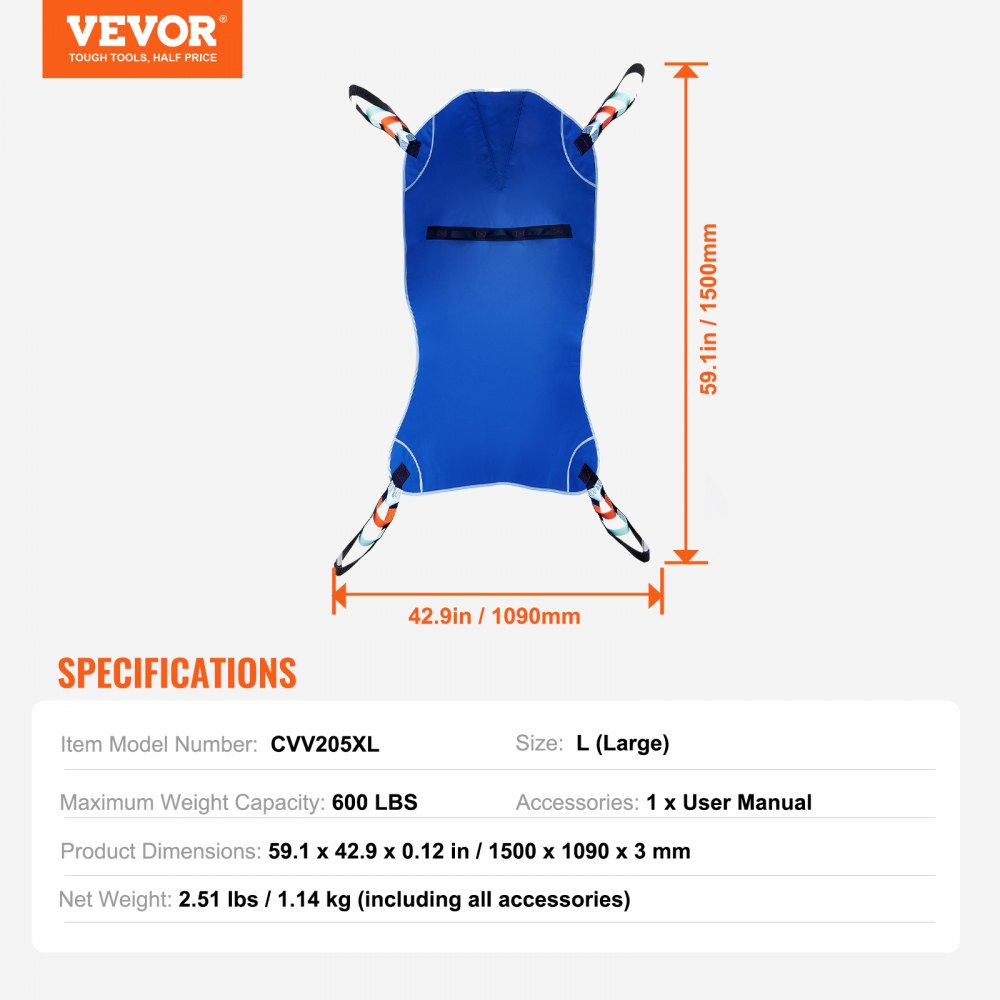 VEVOR Universal Full Body Patient Lift Sling L-Size Patient Lift ...