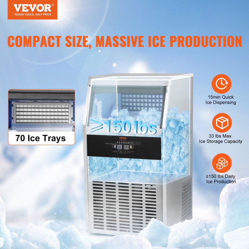 VEVOR Commercial Ice Maker, 150lbs/24H, Ice Maker Machine, 70 Ice Cubes ...