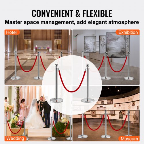 VEVOR Stanchion Post with Velvet Rope, 4-Pack Crowd Control Stanchion ...