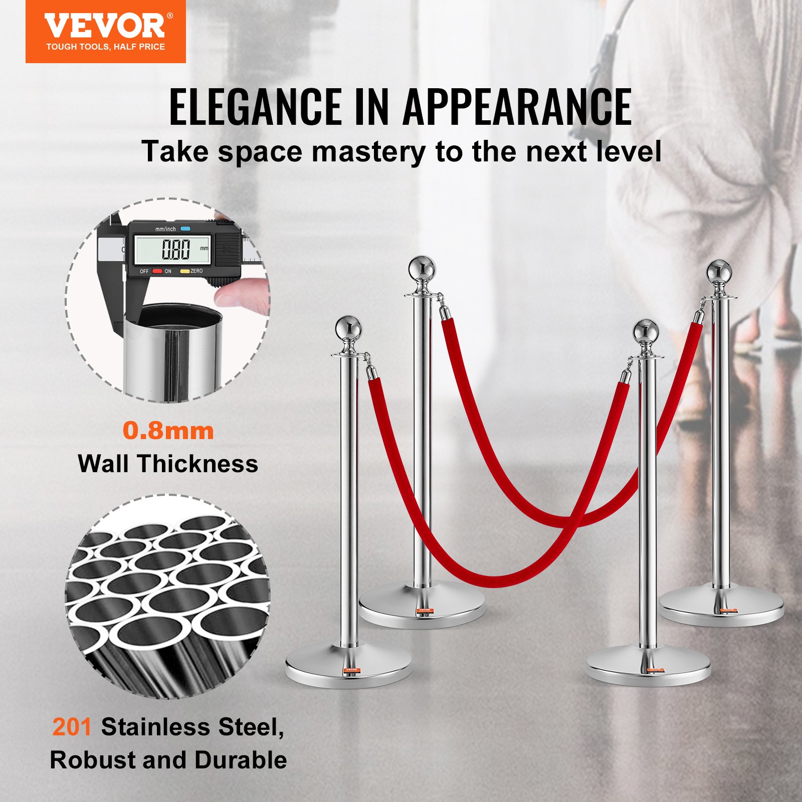 VEVOR Stanchion Post with Velvet Rope, 4-Pack Crowd Control Stanchion ...