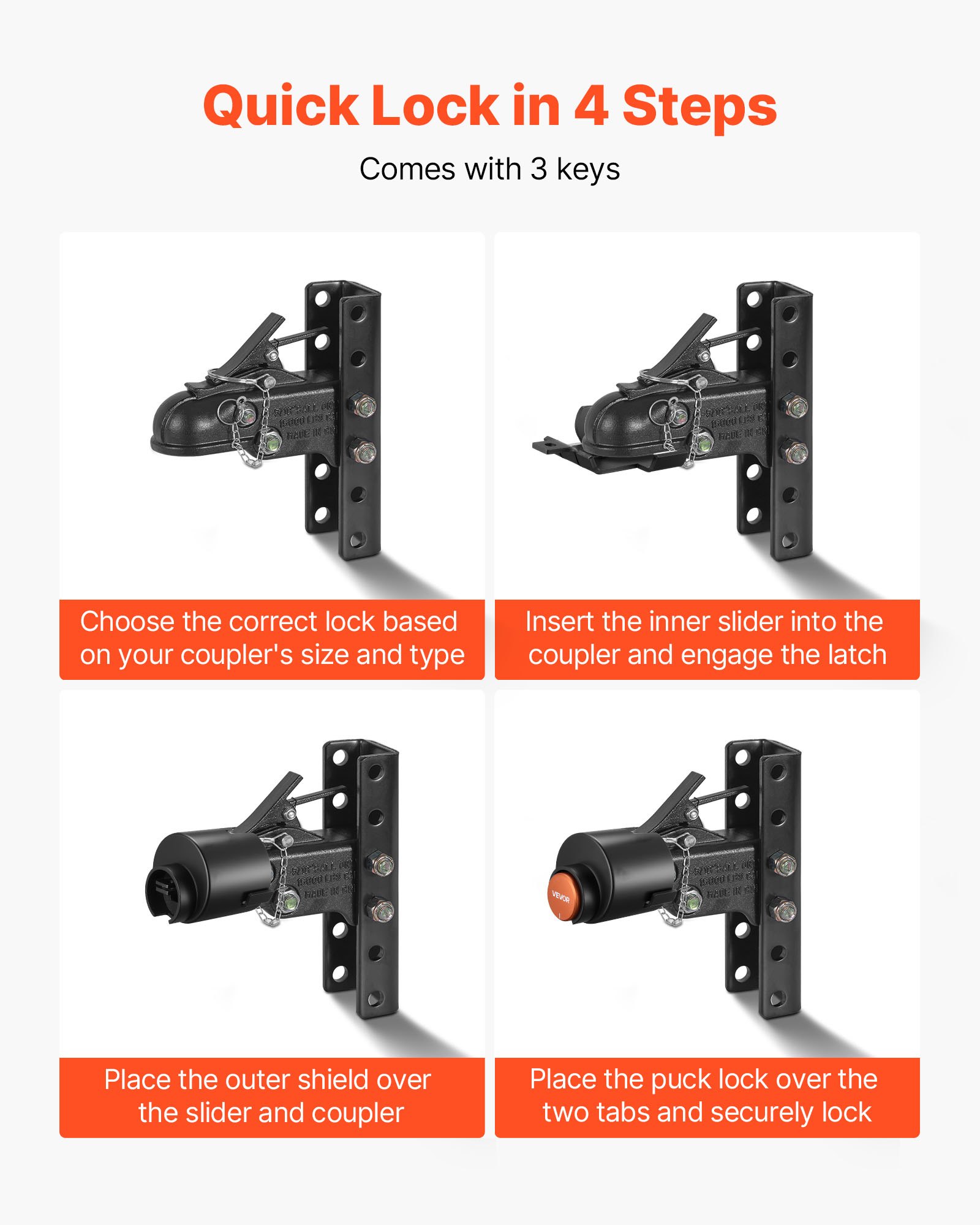 VEVOR Trailer Lock, Fits 58.6 mm Cast Ball Couplers, Heavy Duty Hitch ...