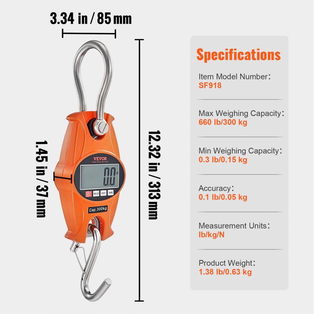 VEVOR Digital Crane Scale, 660 lbs/300 kg, Industrial Heavy Duty ...