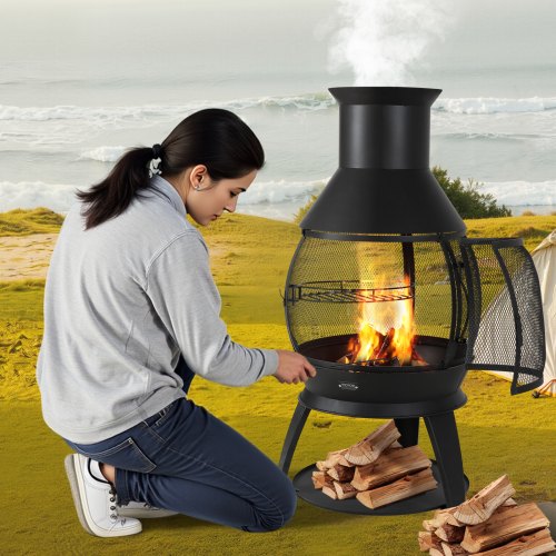 22 In Chiminea Outdoor Wood Burning Iron Firepit with Grill Mesh ...