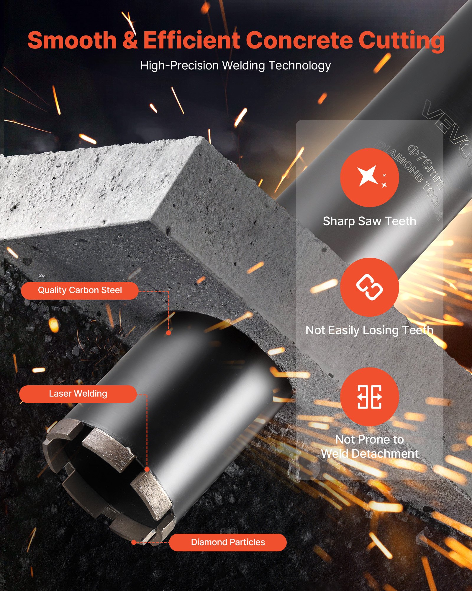 VEVOR Core Drill Bit, 76 mm Diameter, 356 mm Drilling Depth, 1-1/4 in-7 ...