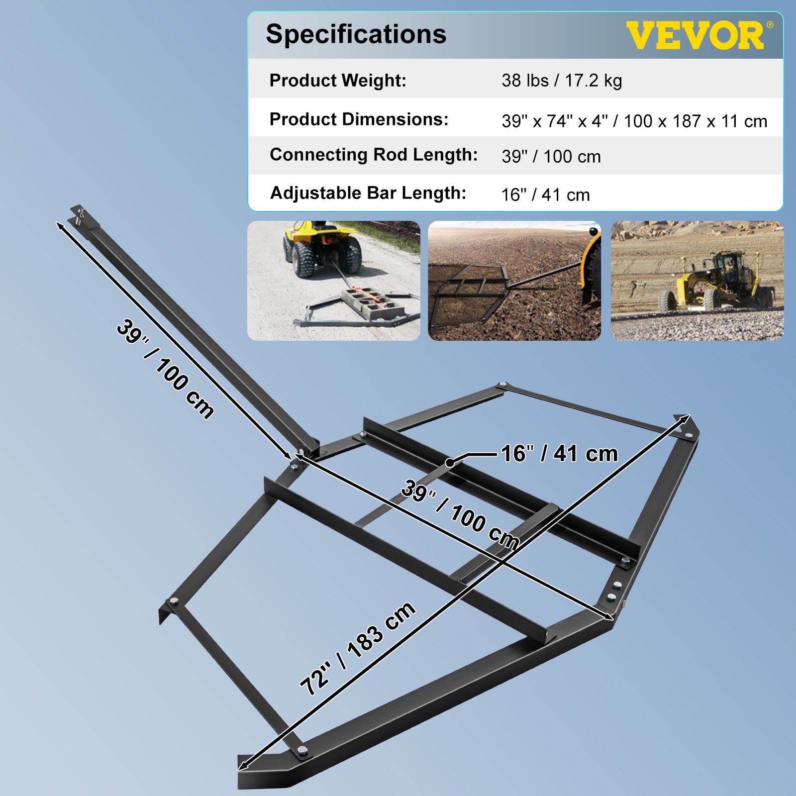 VEVOR Driveway Drag 74'' Width, Tow Behind Drag Harrow 39'' Length, 4 ...