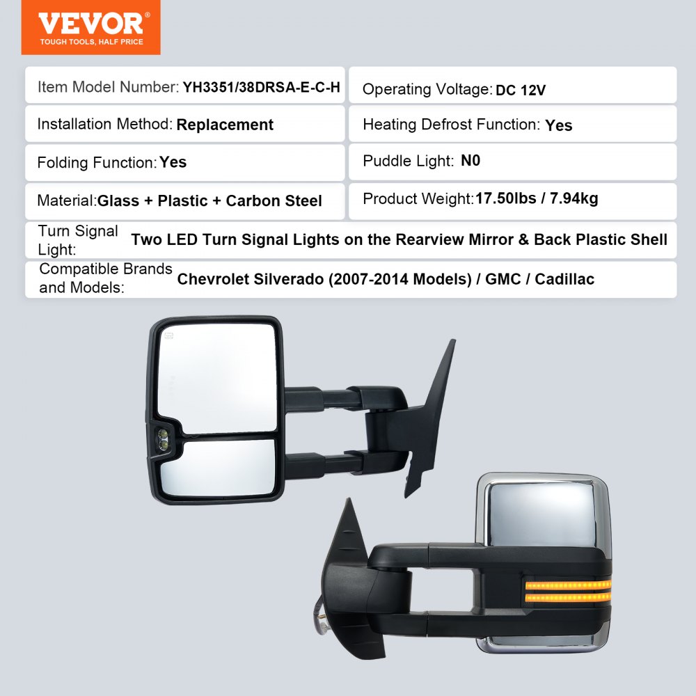 VEVOR Towing Mirrors, Left & Right Pair Set for Chevrolet Silverado ...