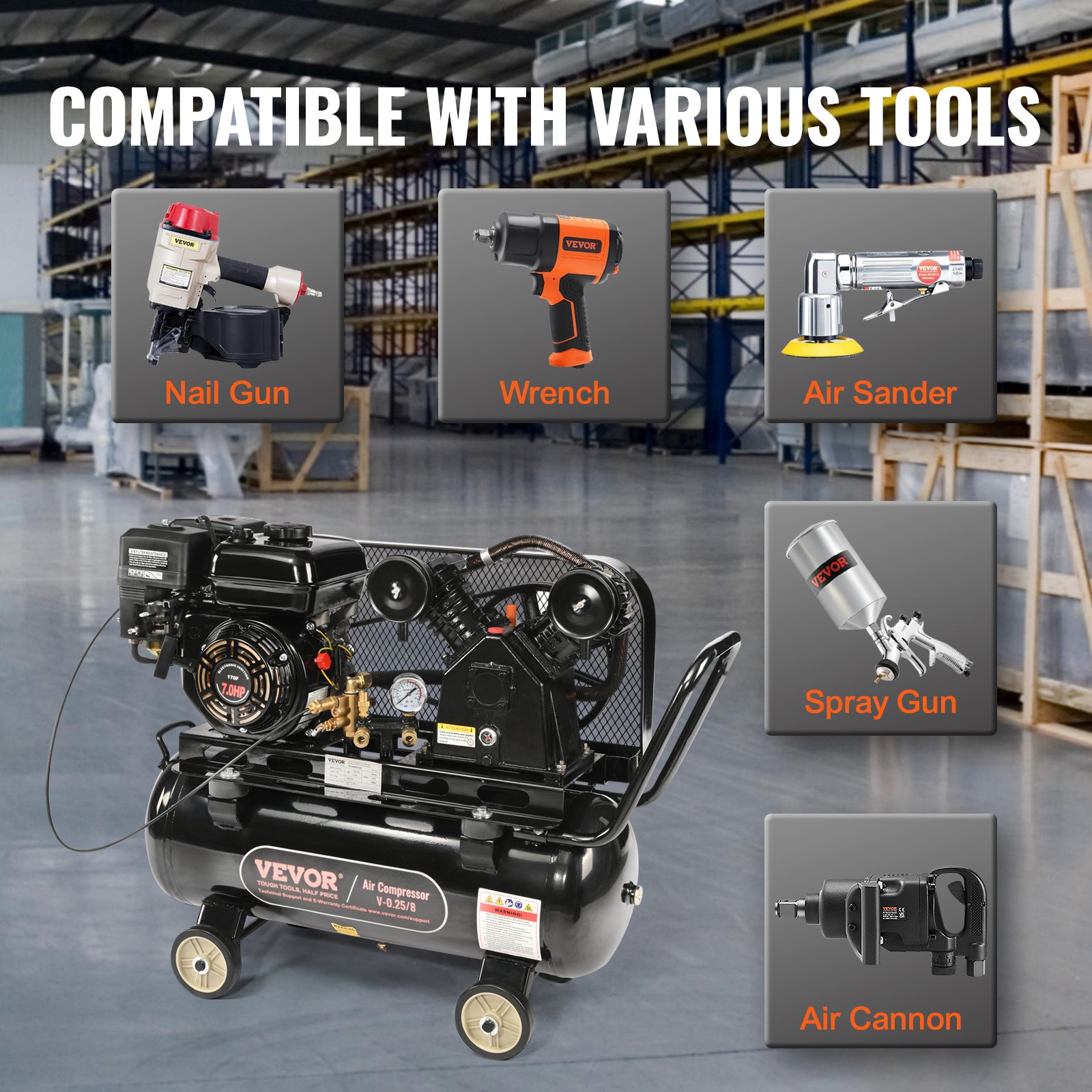 VEVOR 7HP Gas Powered Air Compressor, 13.2 Gallon Horizontal Air ...