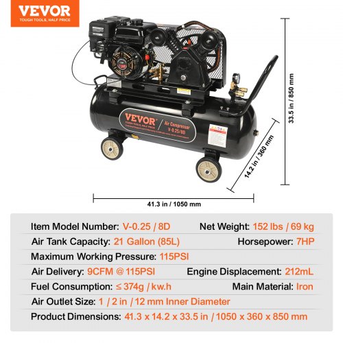 VEVOR 7HP Gas Powered Air Compressor, 21 Gallon Horizontal Air ...