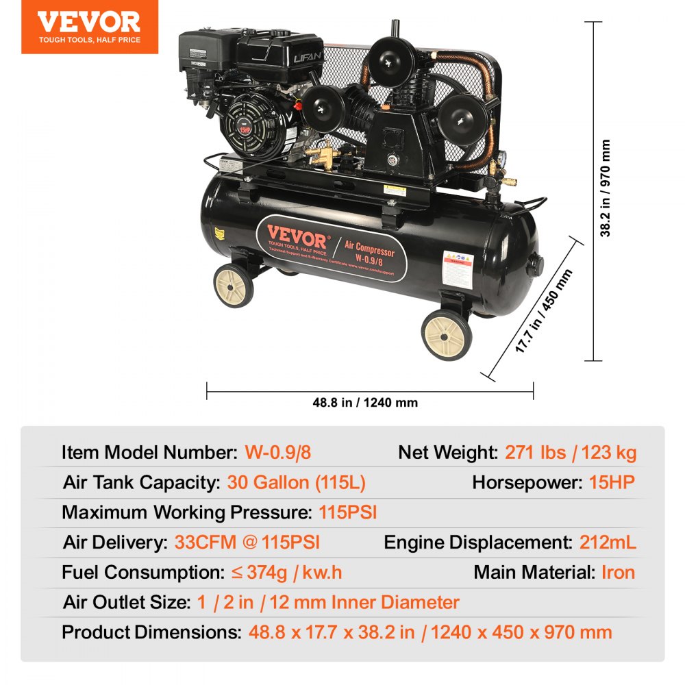 VEVOR 30 Gallon Gas Powered Air Compressor, 15HP 33CFM@115PSI Air ...