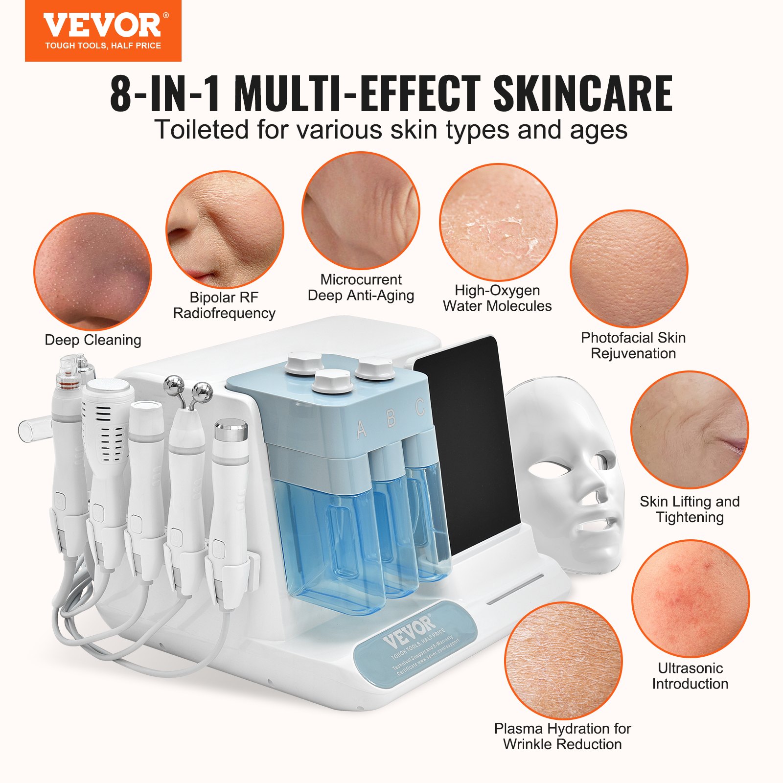 VEVOR 8 in 1 Hydrogen Oxygen Facial Machine, Professional Hydrafacial ...