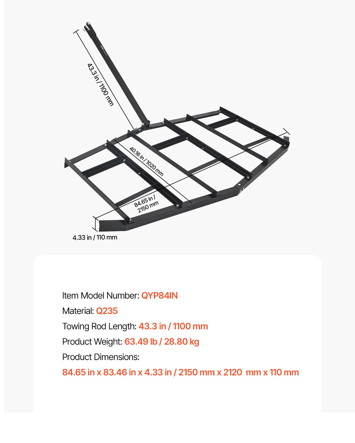 VEVOR Drag Harrow, 84" Width Tow Behind Drag Harrow, Q235 Steel ...