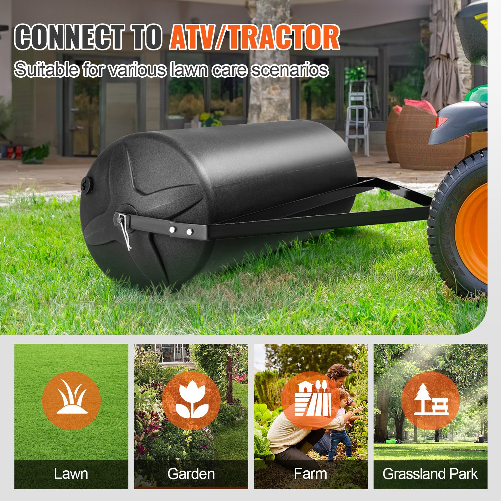 VEVOR Tow Behind Lawn Roller, 400lbs Sand/Water Filled Yard Roller ...