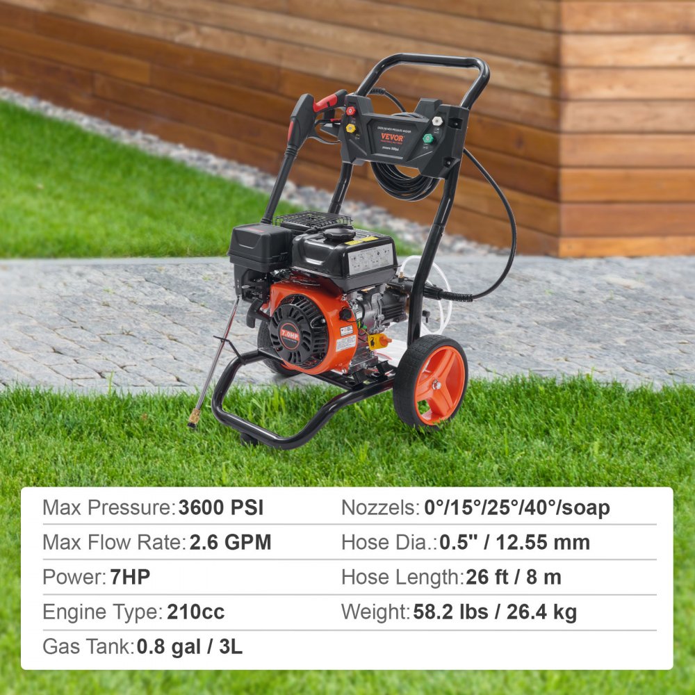 VEVOR Gas Pressure Washer, 3600 PSI 2.6 GPM, Gas Powered Pressure ...