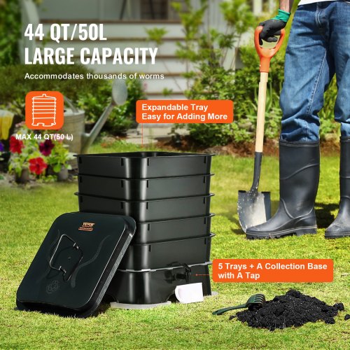 VEVOR 5-Tray Worm Composter, 50 L Worm Compost Bin Outdoor and Indoor ...