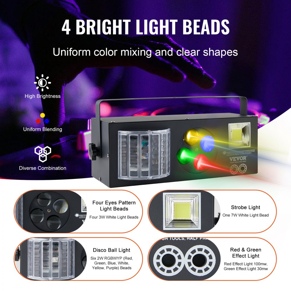 VEVOR Stage Lights, 4 in 1 RGB Party Lights, LED Pattern Strobe Light ...