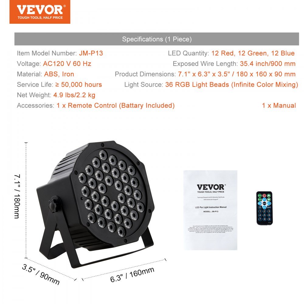 VEVOR 36LED RGB Stage Light PAR Light 7-Mode DMX Beam Disco Light ...