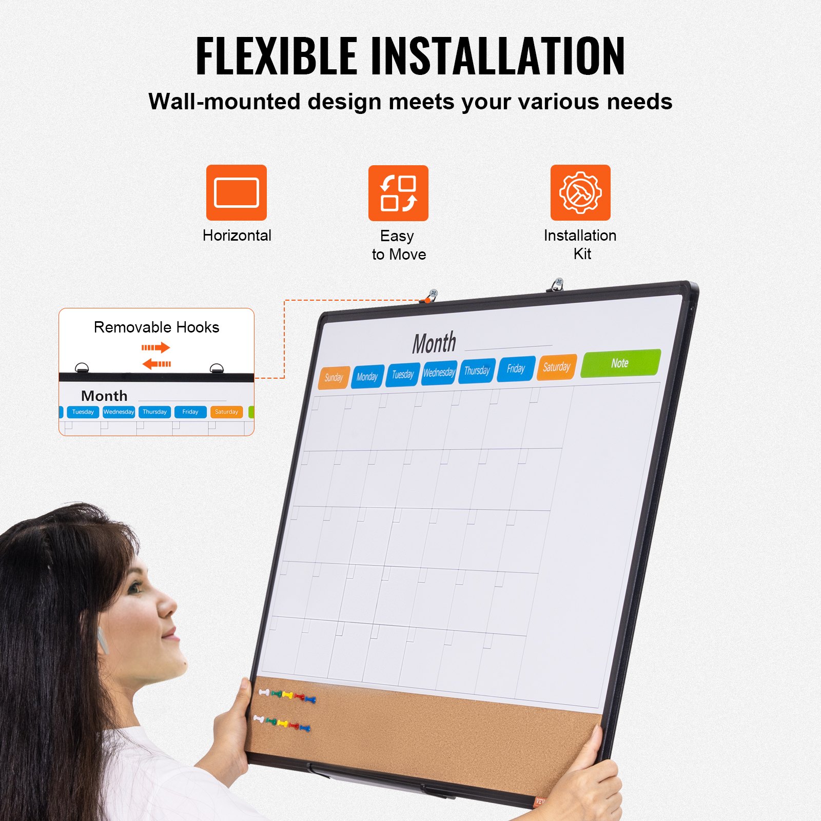 VEVOR 36"x 24" Monthly Calendar Whiteboard & Cork Board Combo with ...