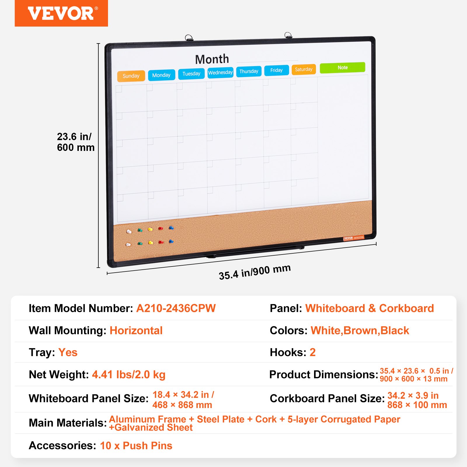 VEVOR 36"x 24" Monthly Calendar Whiteboard & Cork Board Combo with ...