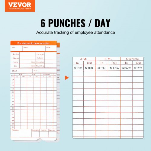 VEVOR Time Cards, Monthly Timesheets 100 pcs, 6 Columns Two-sided ...