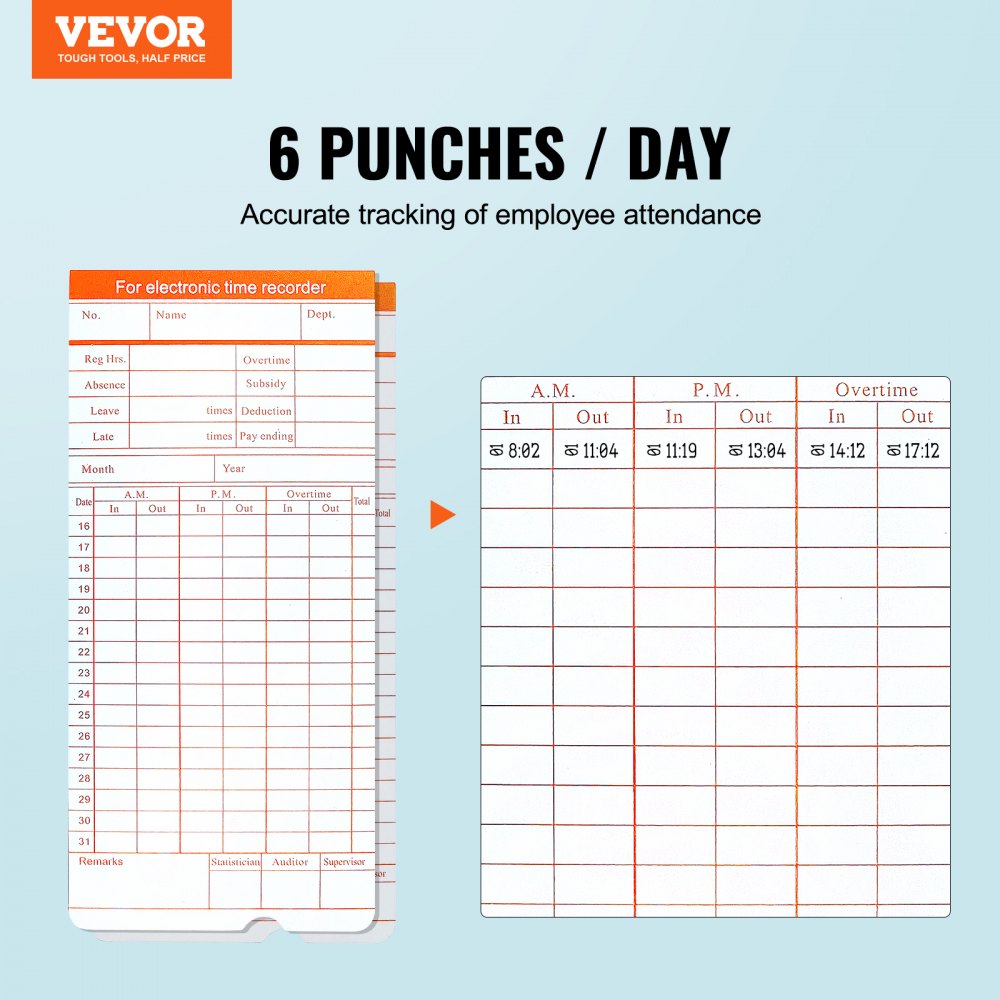 VEVOR Time Cards, Monthly Timesheets 100 pcs, 6 Columns Two-sided ...