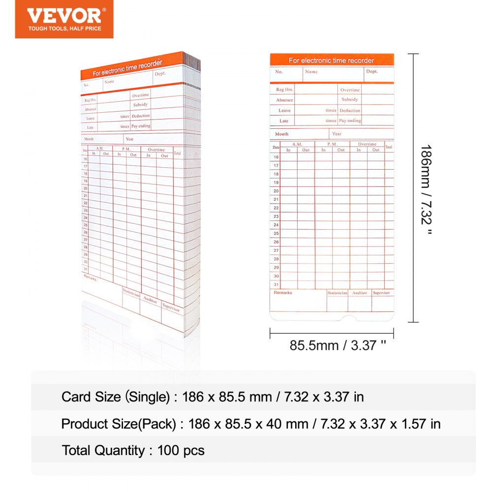 VEVOR Time Cards, Monthly Timesheets 100 pcs, 6 Columns Two-sided ...