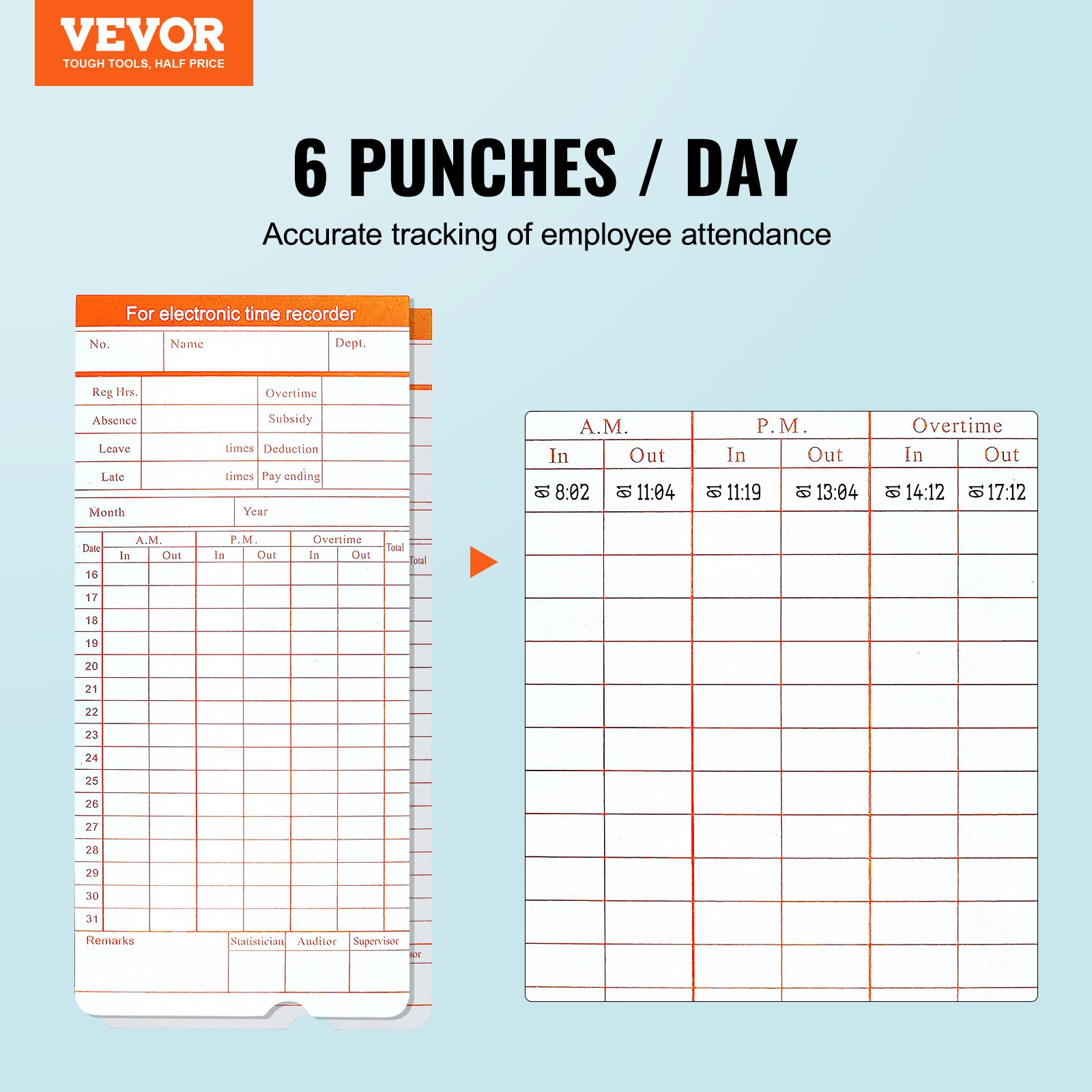 VEVOR Time Cards, Monthly Timesheets 100 pcs, 6 Columns Two-sided ...
