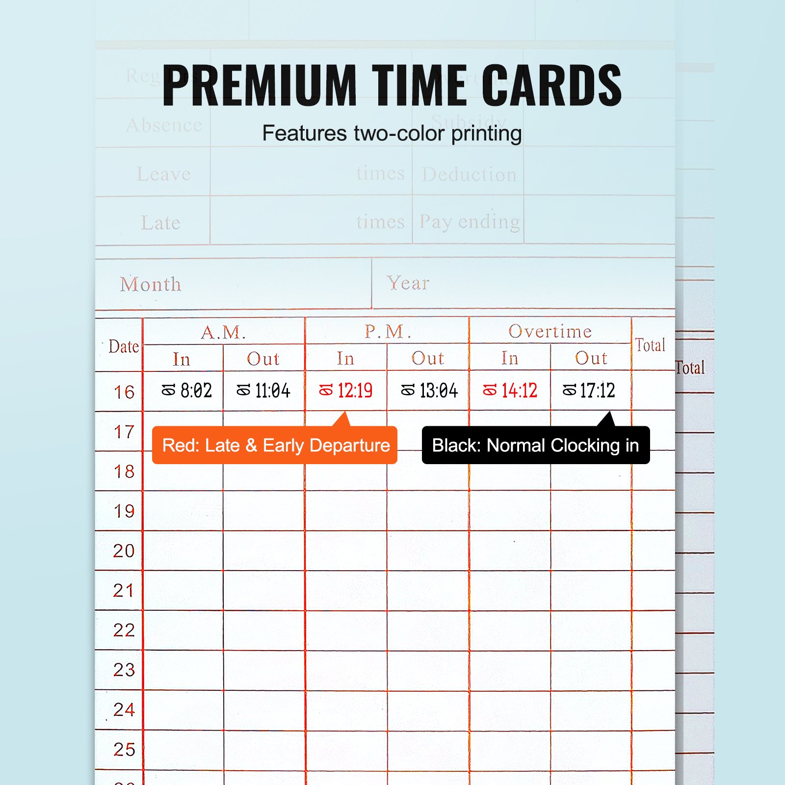 VEVOR Time Cards, Monthly Timesheets 100 pcs, 6 Columns Two-sided ...
