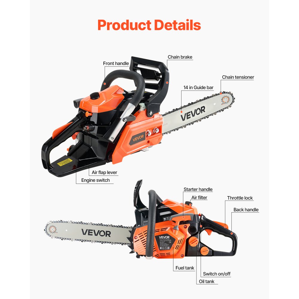 VEVOR 40 cc Gas Chainsaw, 14 inch Gas Powered Chainsaw, 1.8 HP Power ...