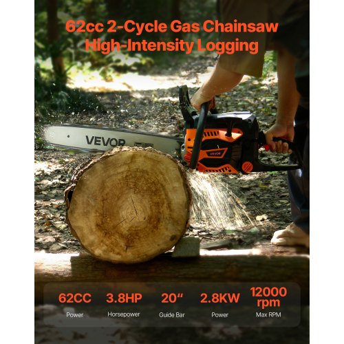 VEVOR 62 cc Gas Chainsaw, 20 inch Gas Powered Chainsaw, 3.8 HP Power Chain Saw with Non-Slip ...