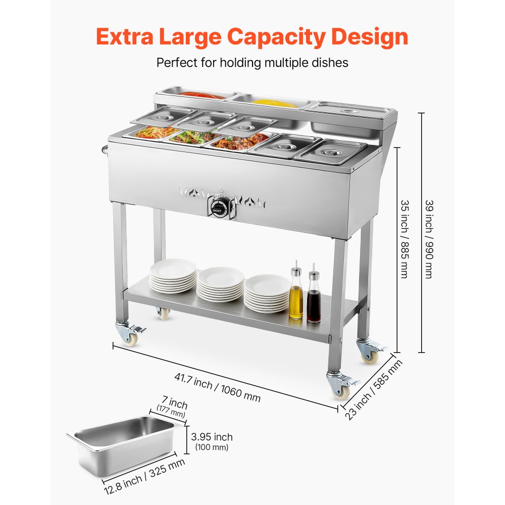 VEVOR Commercial Propane Steam Table, 5 Food Pans & 3 Condiment Pans ...