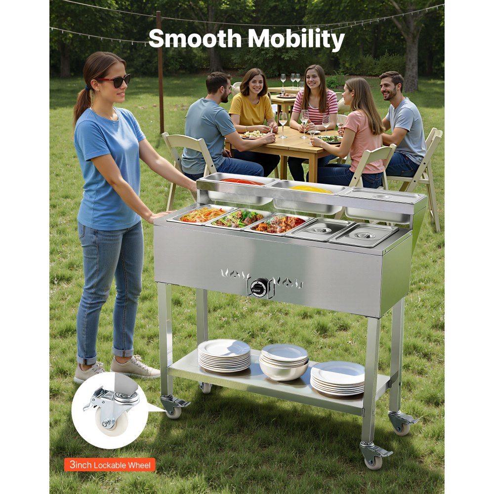 VEVOR Commercial Propane Steam Table, 5 Food Pans & 3 Condiment Pans ...