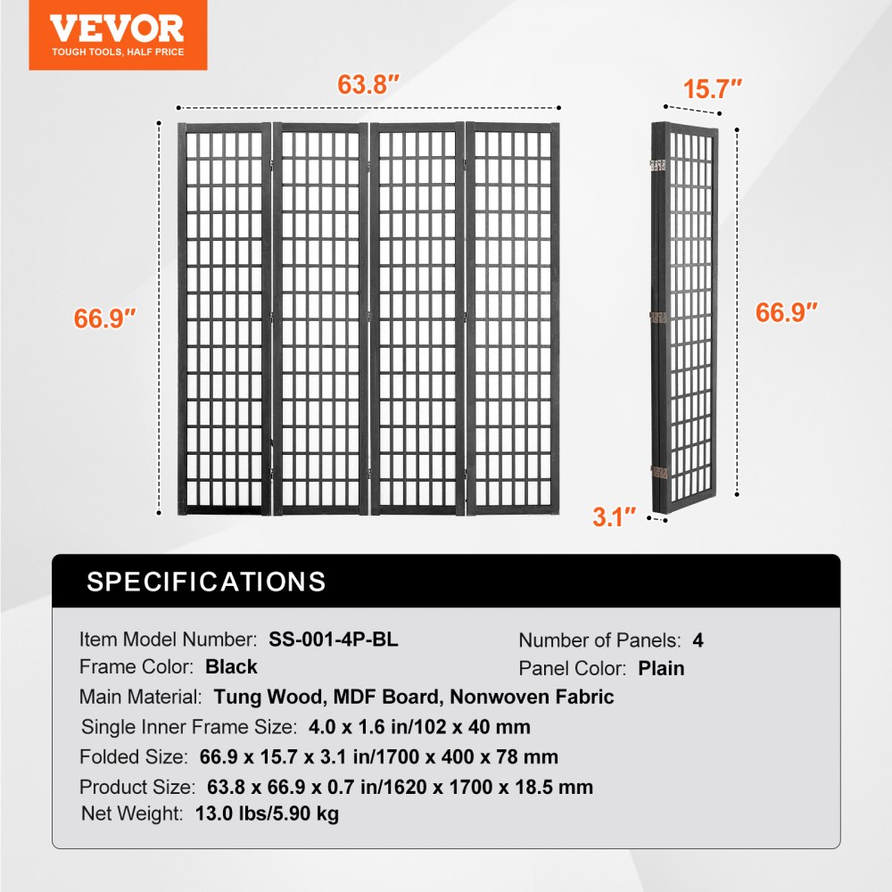 VEVOR Room Divider, 4 Panel Japanese Room Divider, Wood Folding Privacy ...